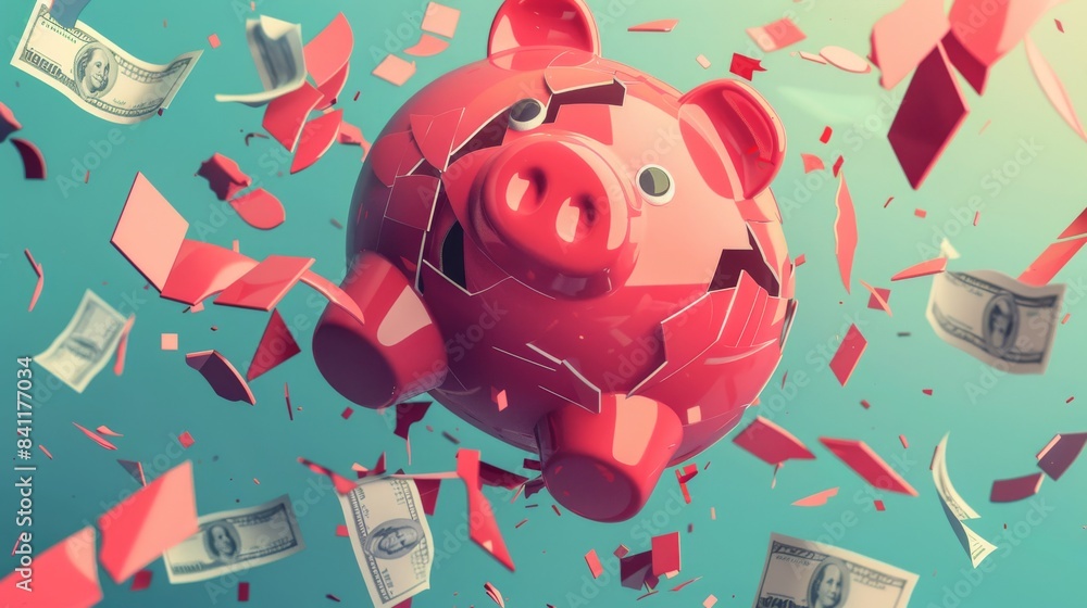 Cracked piggy bank, torn banknotes scattered, falling red financial ...