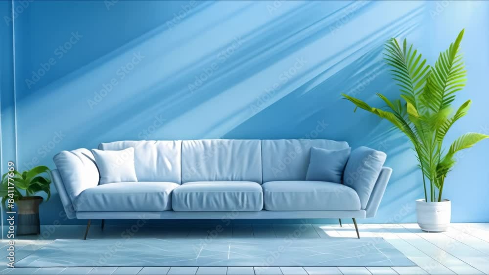 Looping animation showcasing a contemporary living room with blue wall ...