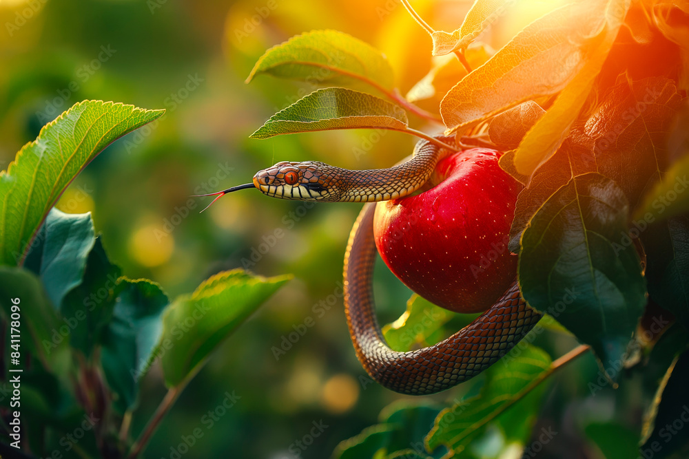 Snake in a apple tree next to a red apple representing original sin ...
