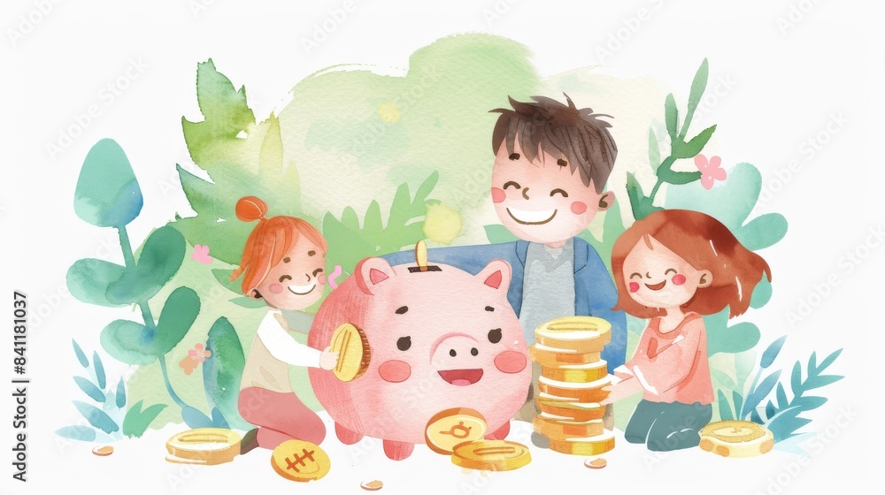 Piggy bank overflowing with coins, smiling family, rising green graph ...