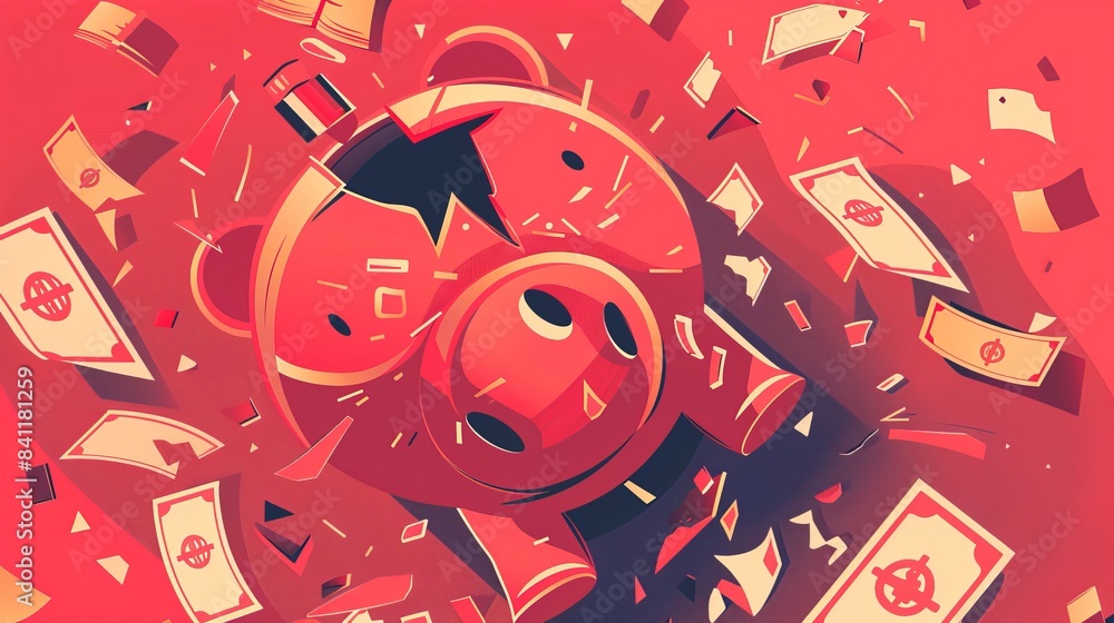 Broken piggy bank, torn banknotes, downward red graph, flat design, top ...
