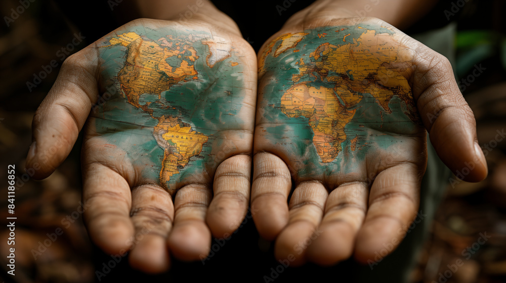 Hands holding world map showing the continents and countries. A ...