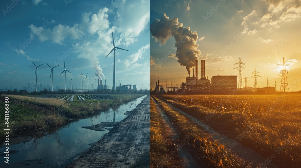 Contrast between clean energy and pollution, Divided scene showing ...