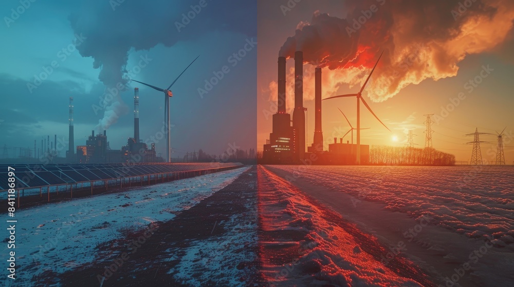 Contrast between clean energy and pollution, Divided scene showing ...