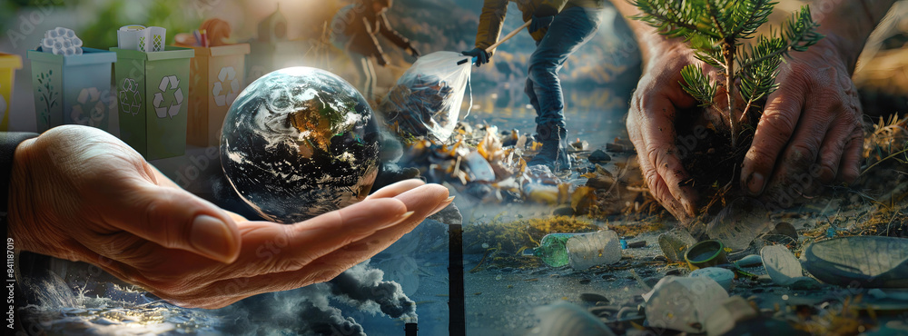 Collage depicting environmental care: a hand holding a small Earth ...