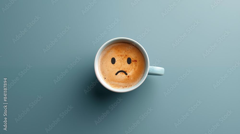 Sad face drawn on cup of coffee, depicting negative emotions or mood ...