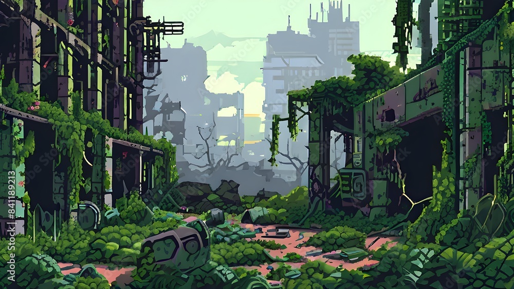 pixel art landscape showcasing post apocalyptic world with ruined city ...