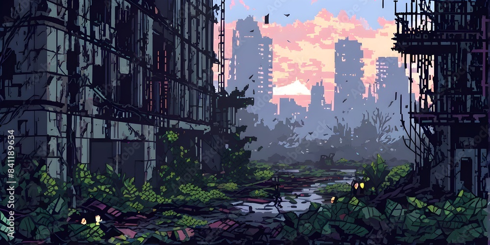 pixel art landscape showcasing post apocalyptic world with ruined city ...