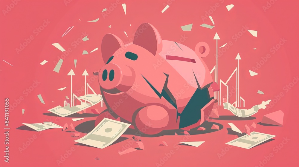 Broken piggy bank pieces, torn banknotes around, red downward financial ...
