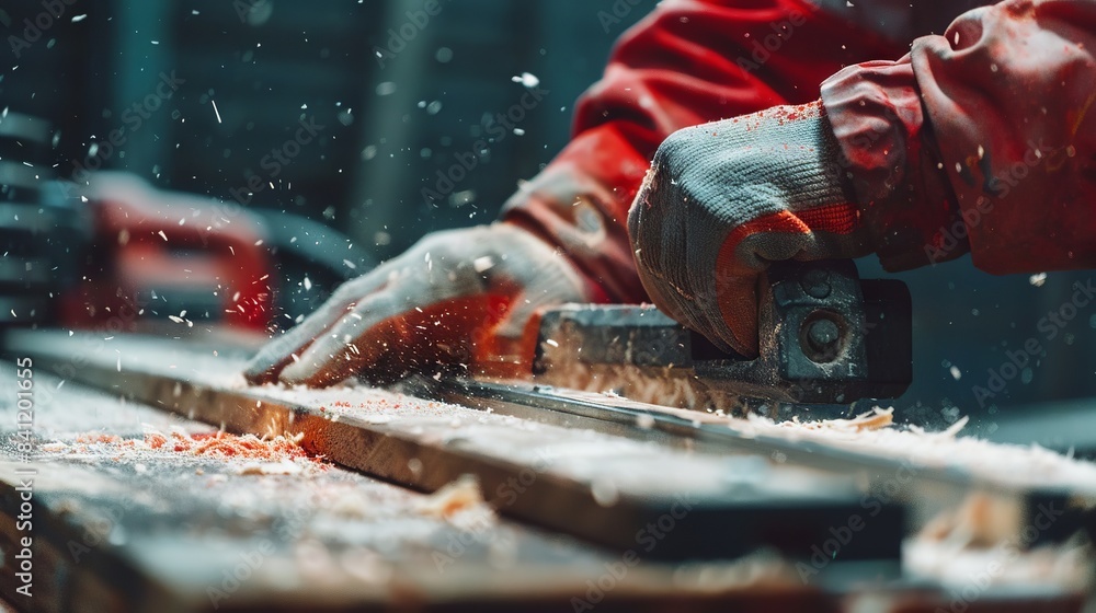 Sawing into finger with circular saw. Injured worker with wound hand ...