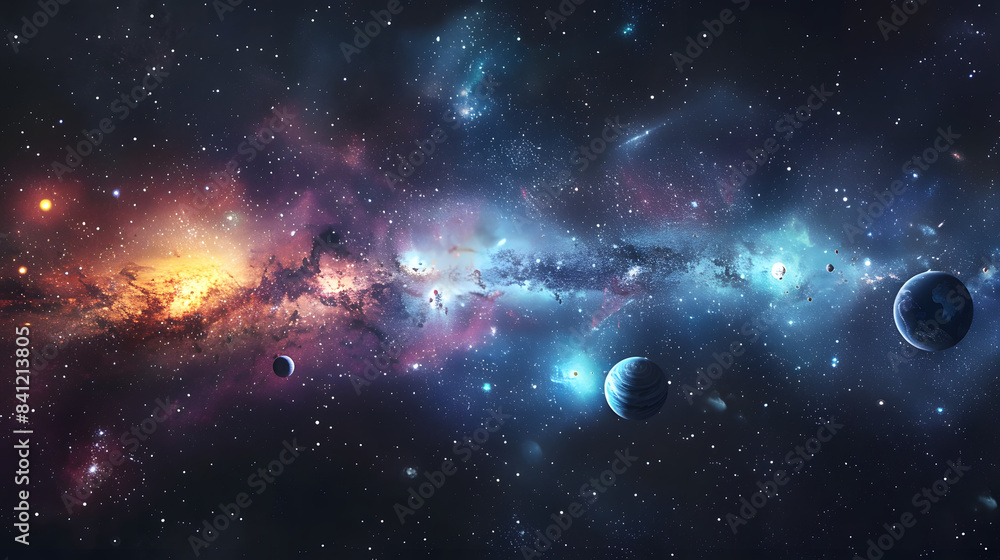Panorama Space galaxy scene with planets, stars and galaxies. Banner ...