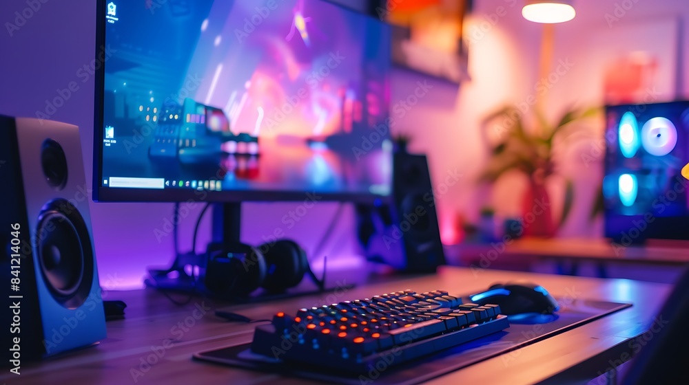 Serene Minimalist Gaming Setup on Wooden Desk with Focal Point on Clean ...