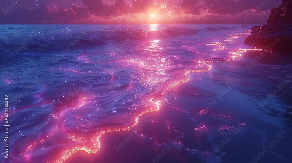 Starlit Ocean Pathway with Bioluminescent Waves. Walk through a starlit ...