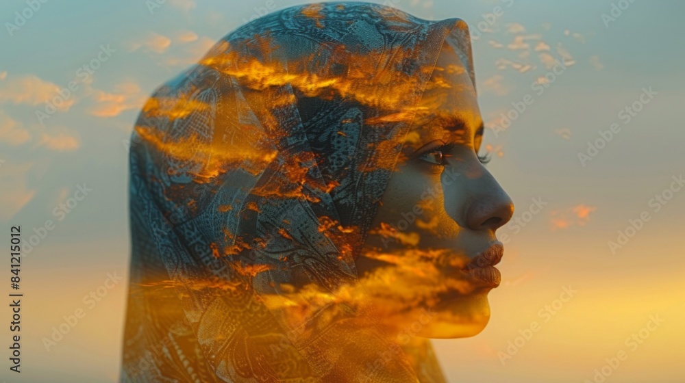 double exposure photography. arabic face in abaya shaped by buildings ...