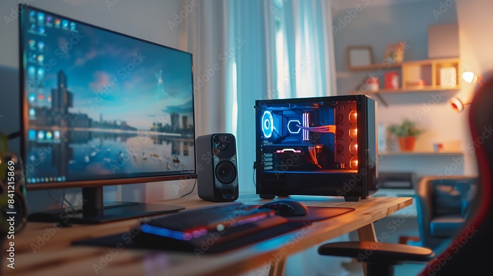 Minimalist Gaming Setup with Focal Point: Clean Wooden Desk and PC with ...