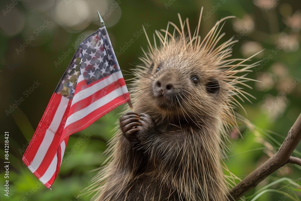 A porcupine holding an American flag with its quil 84 3 animal, mammal ...