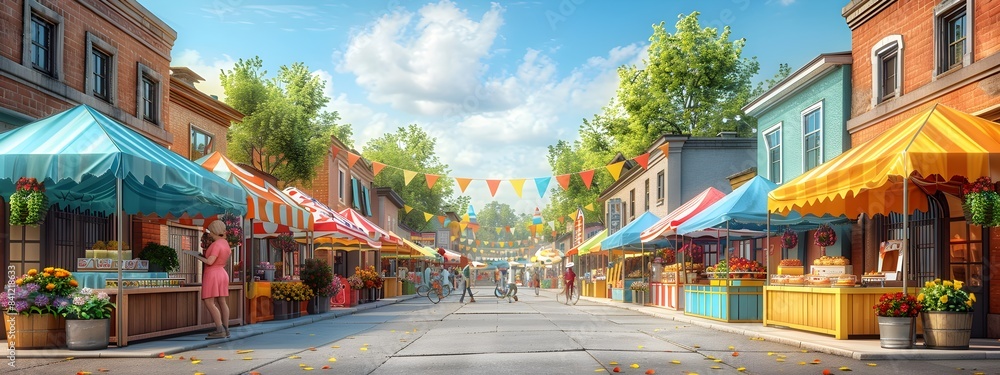 Colorful and lively Fourth of July street fair with an array of festive ...