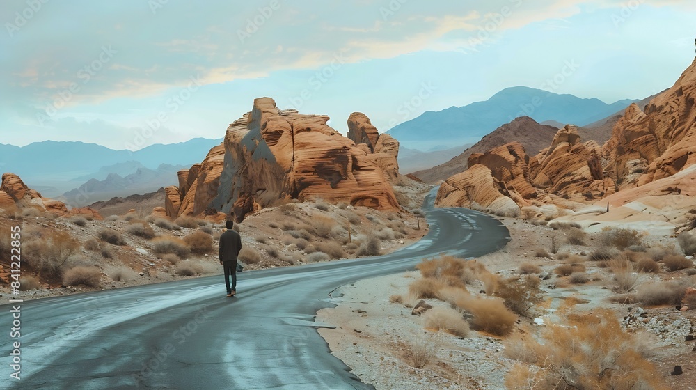 Man standing on endless winding empty Mouse tank road in Valley of Fire ...