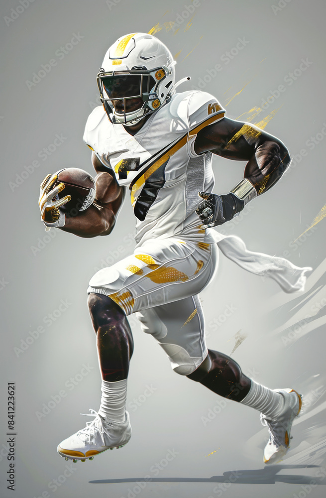 Dynamic hyperrealistic illustration of a sprinting American football ...