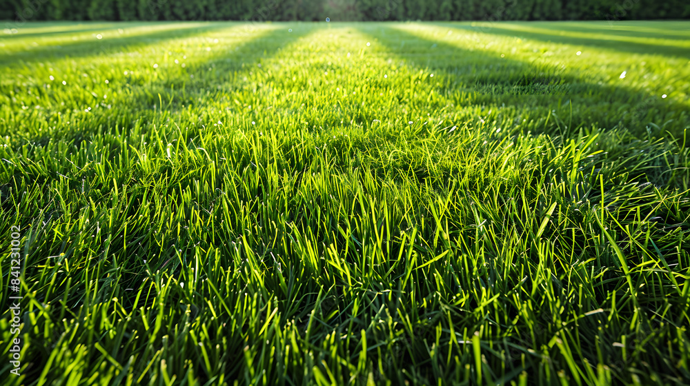 Wide format background image of green carpet of neatly trimmed grass ...