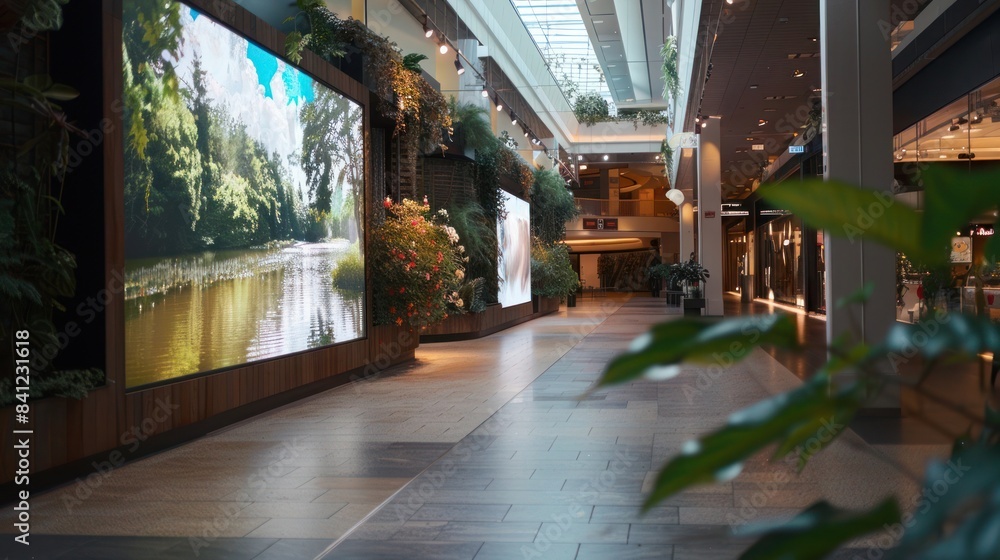 Modern shopping mall with nature displays and green plants, creating a ...