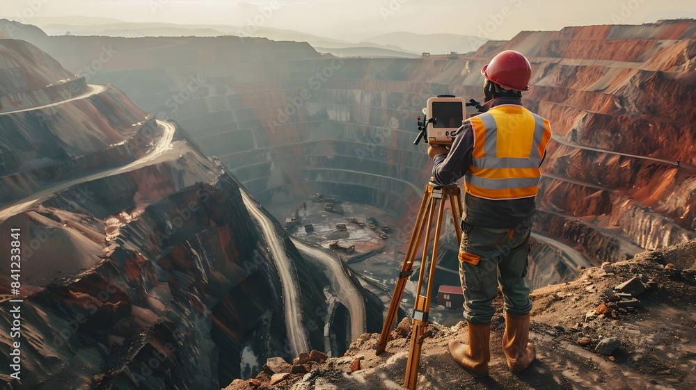 Surveyor Equipment Overlooking Open Pit Mine Operations Stock Photo ...