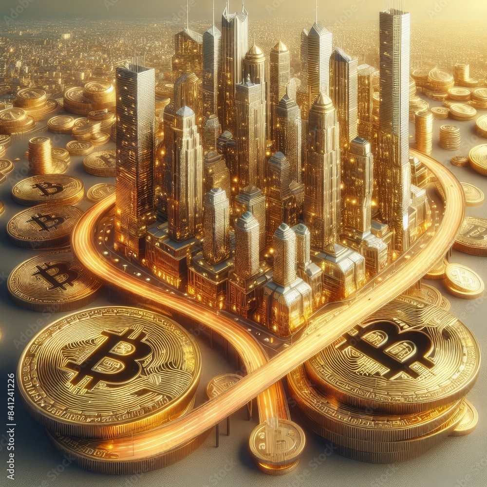 A golden cityscape intricately designed with towering buildings, all ...