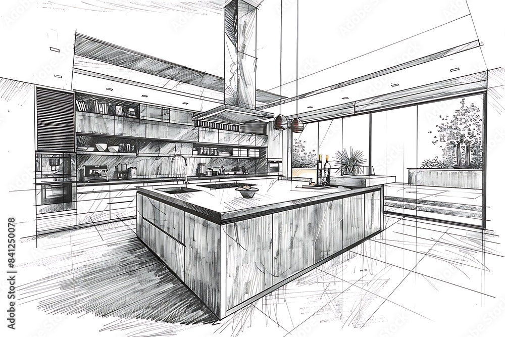 Sketch hand drawing kitchen interior plan with island. Vector kitchen ...