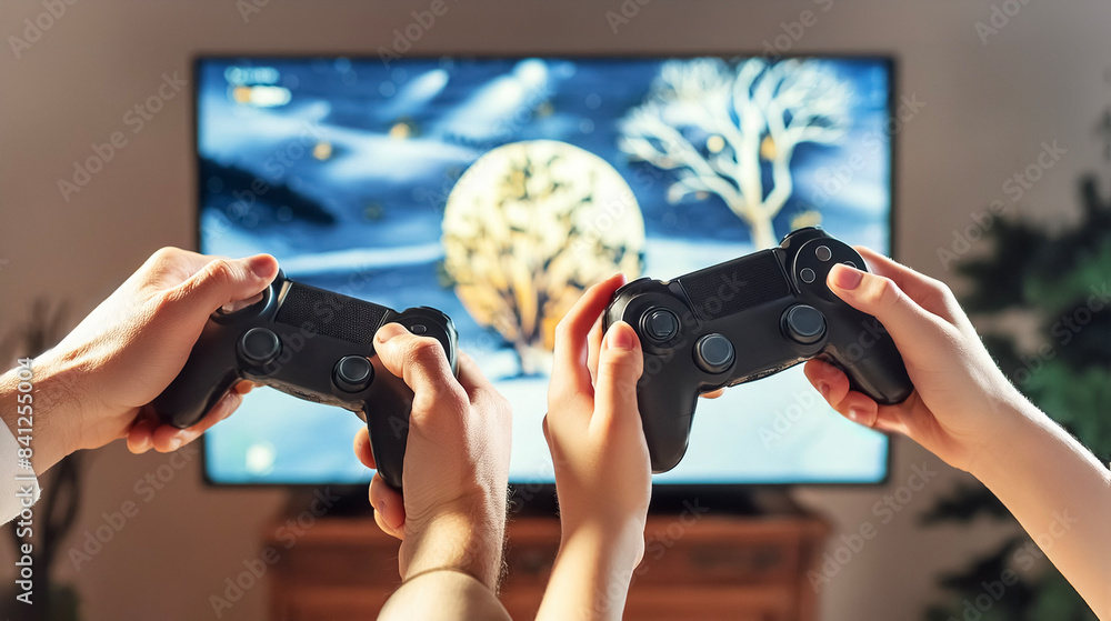 Parents and children playing with home video game controllers. Stock ...