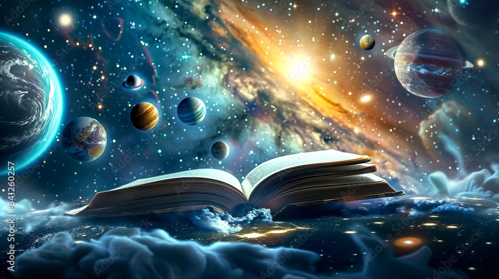 Open book floating in space among stars and planets. Surreal and ...