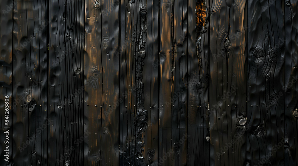 Charred wood planks with a unique textured surface, showcasing dramatic ...