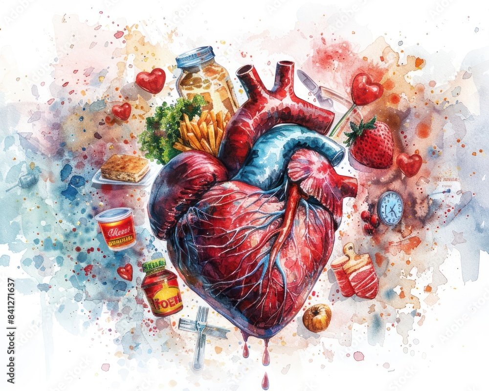 An expressive watercolor of a heart encircled by warning signs and ...
