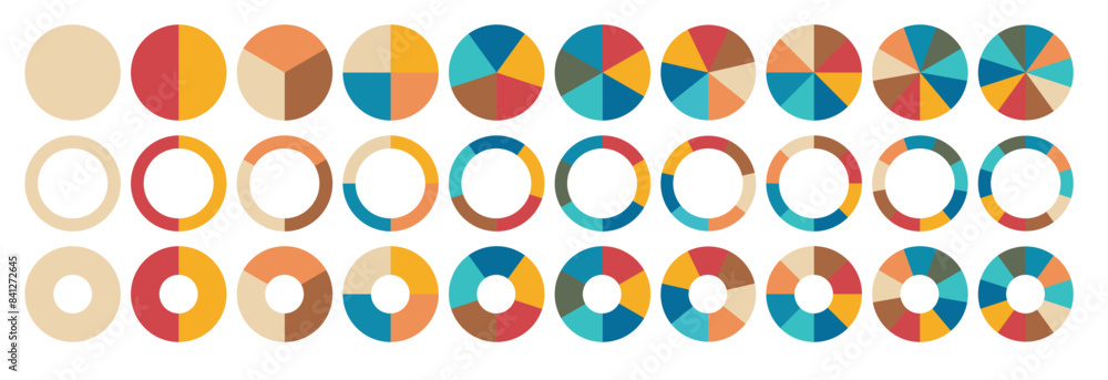 Pie charts diagrams. Different color circles isolated. Infographic element round shape. Vector ...
