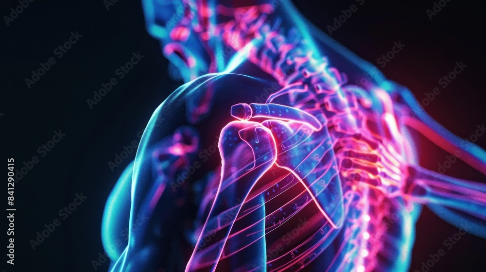 Anatomy of the human body showing neck and shoulder muscles in red and ...