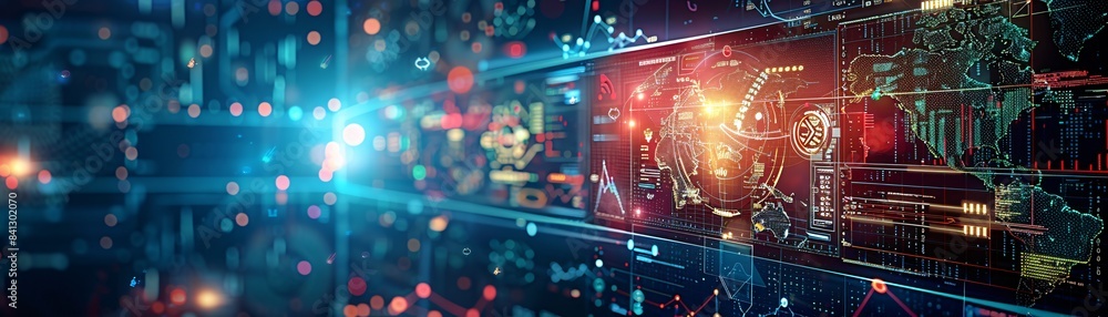 Neon-lit office with cyberpunk theme and advanced tech overlays ...