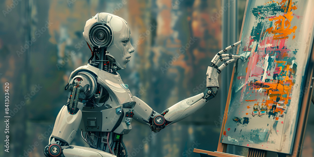 An android experiencing the joy of its first painted masterpiece,An ai ...