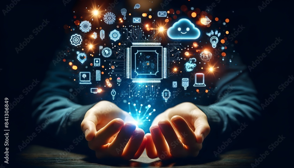Hands holding illuminated circuit board with floating technology icons ...