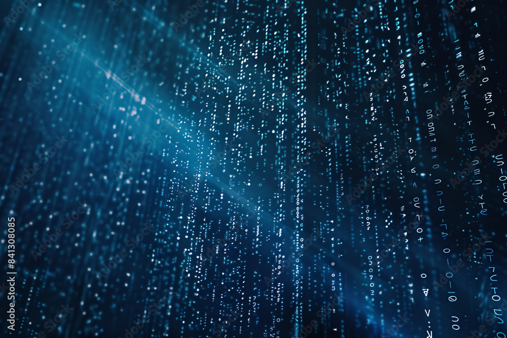Digital rain effect with blue lights creating a futuristic matrix-like ...