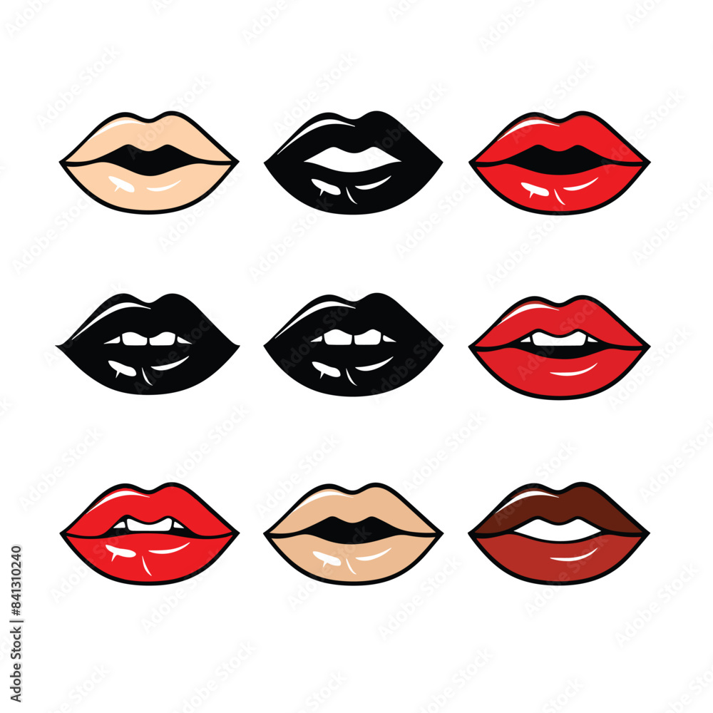 Set various lips icons showing different lipstick colors mouth ...