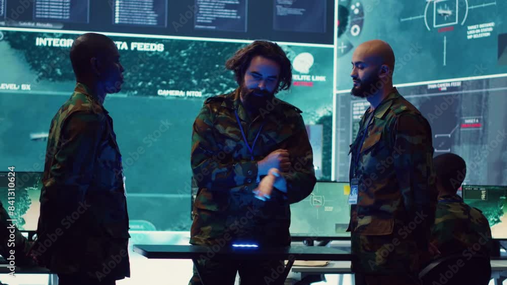 Army superior officers creating an attack plan using a hologram to ...