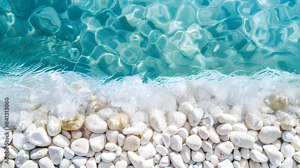 Top view of white pebbles on the bottom and turquoise water in an ...