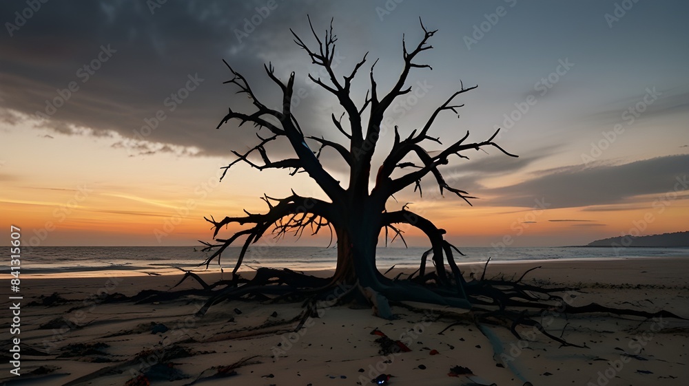 The once vibrant tree now lies lifeless on the beach, its branches ...