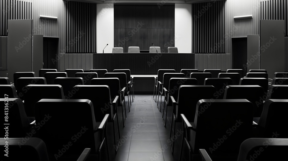 5. Generate a picture of a courtroom with rows of seating and a podium ...