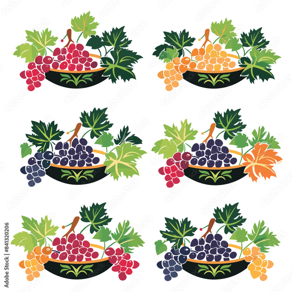 Colorful grape clusters green leaves bowls, ripe grapes varieties ...