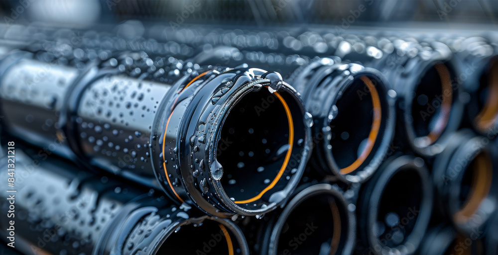 Foto de Detailed close-up of the ends of stacked black PVC pipes ...