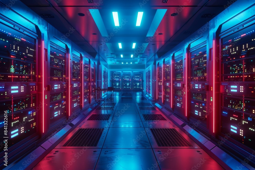 A futuristic data center complete with server racks and LED lighting ...