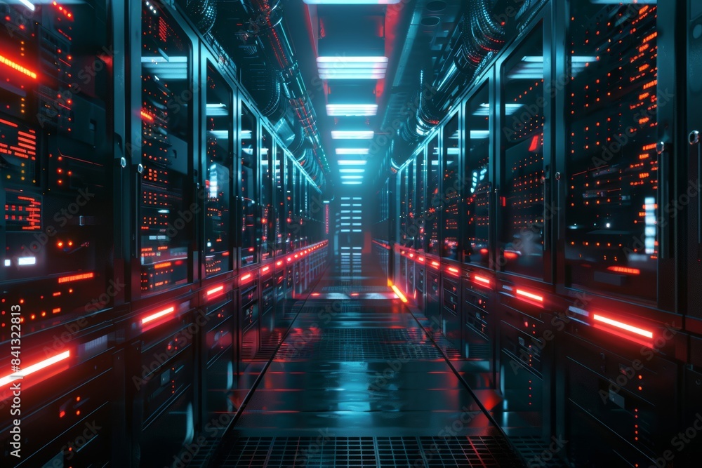 A futuristic data center complete with server racks and LED lighting focuses on database storage ...