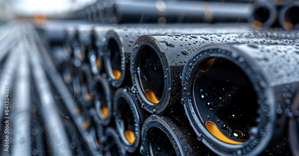 Detailed close-up of the ends of stacked black PVC pipes outdoors ...
