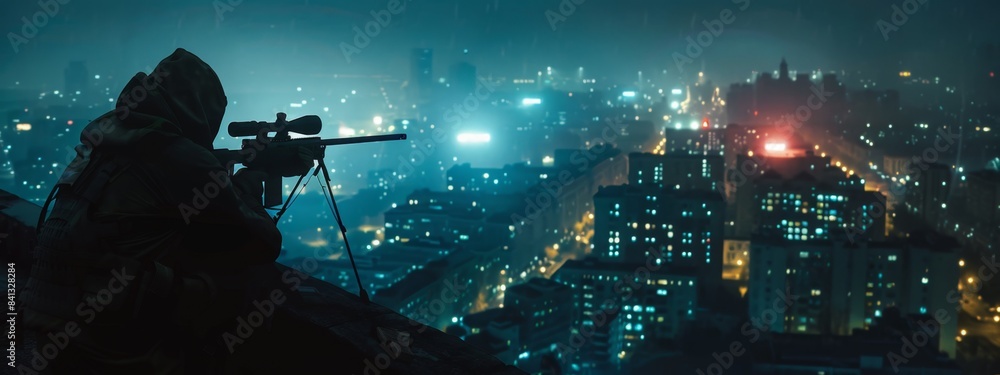 Thrill, city skyline, war conflict sniper shooter holding sniper or ...
