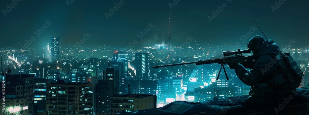 Thrill, city skyline, war conflict sniper shooter holding sniper or ...